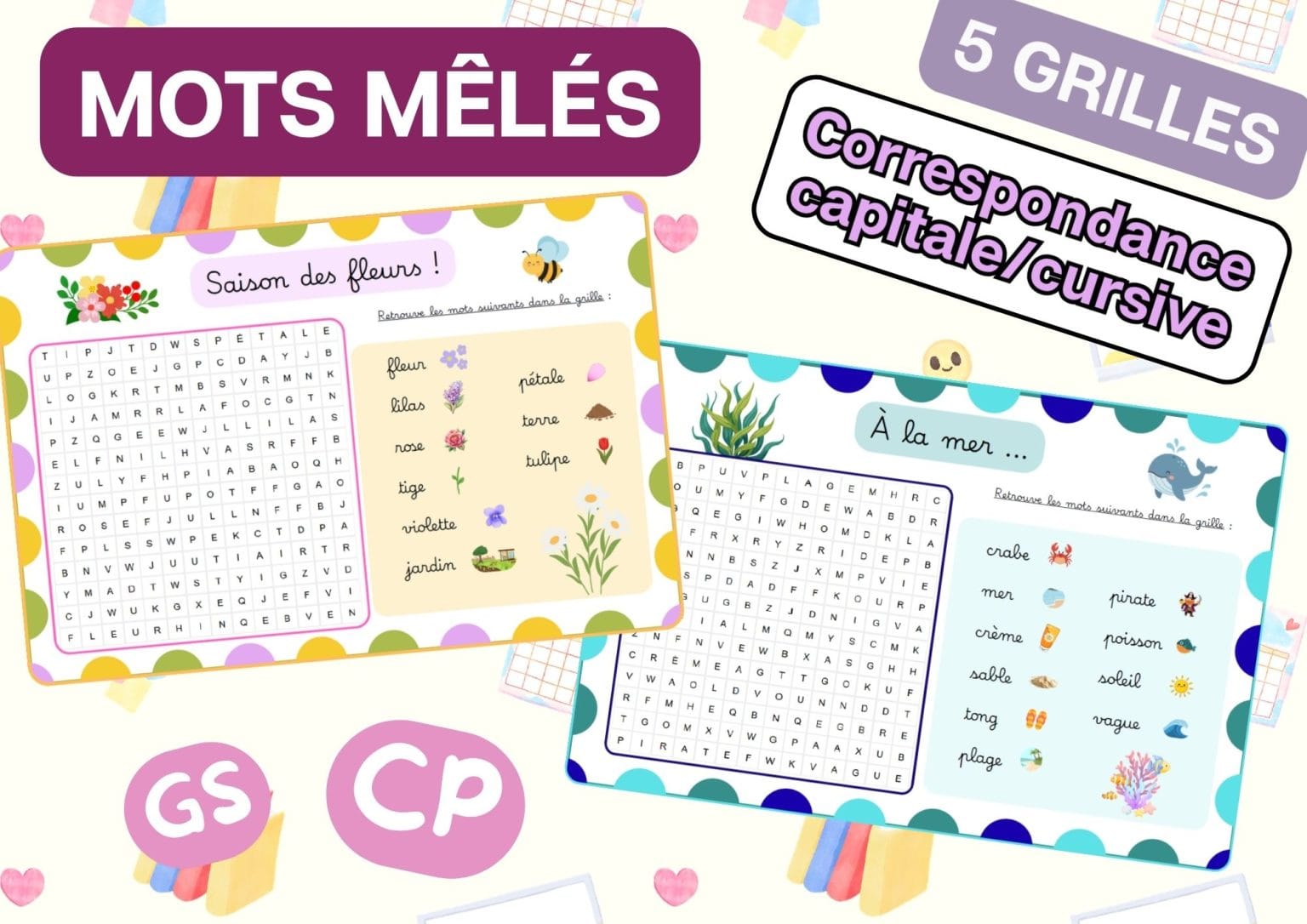 ️ Mots mêlés Printemps & Été en cursive – 5 grilles GS CP 🌸🏖️ ...