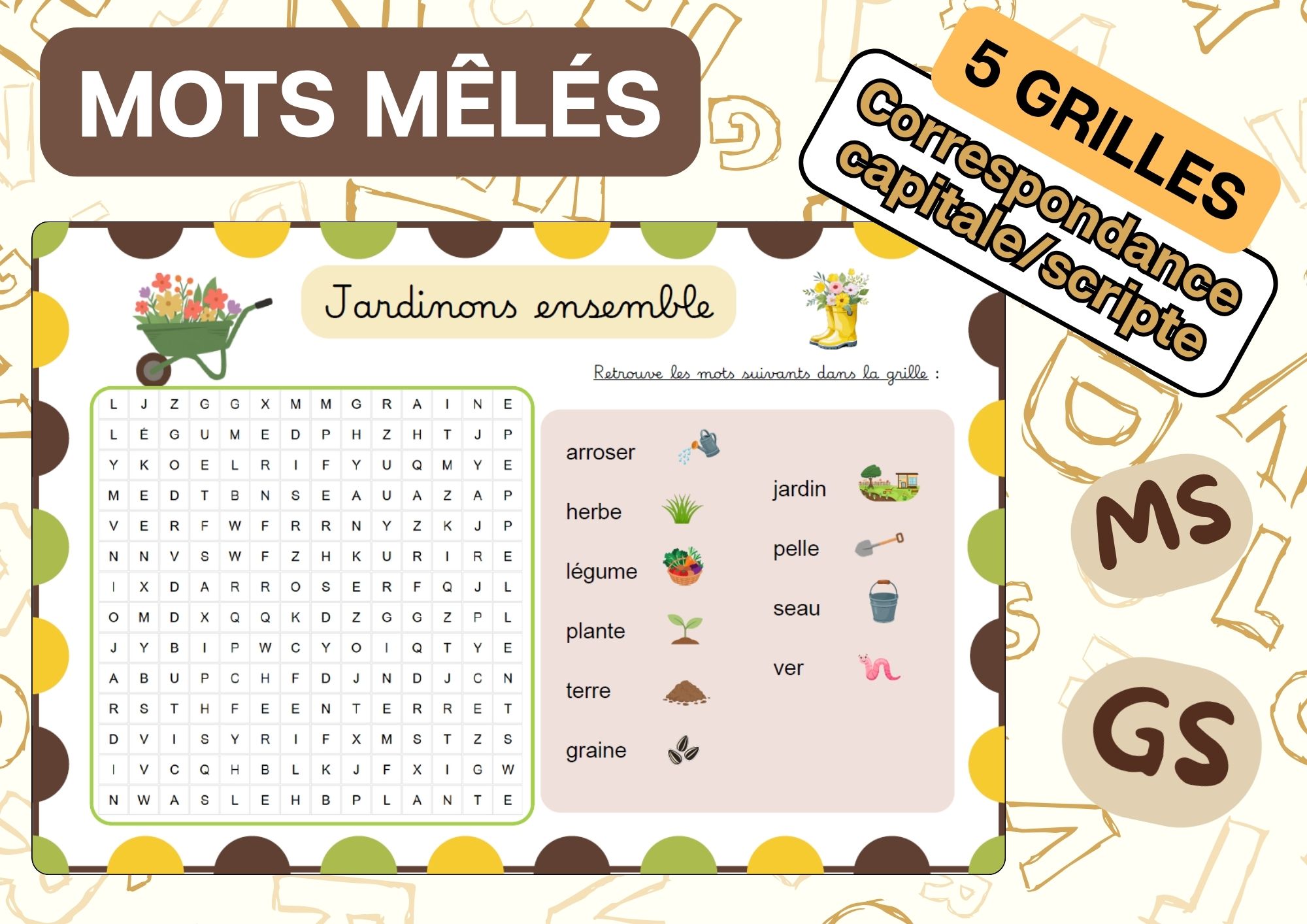 🔤 Mots mêlés Printemps & Été en script – 5 grilles MS GS 🌸🏖️ ...